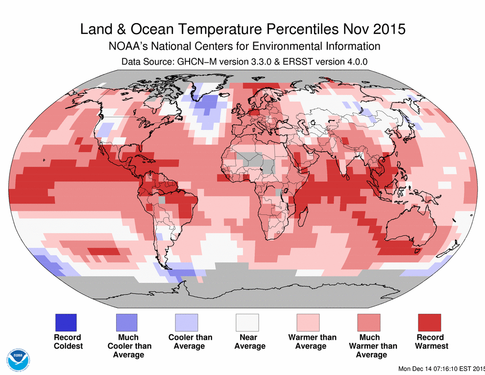 Noviembre de 2015 a nivel global según NOAA