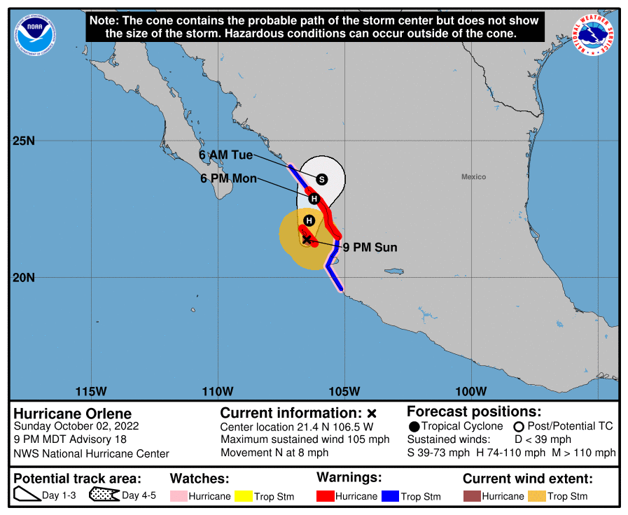 El huracán Orlene impactando en territorio de México