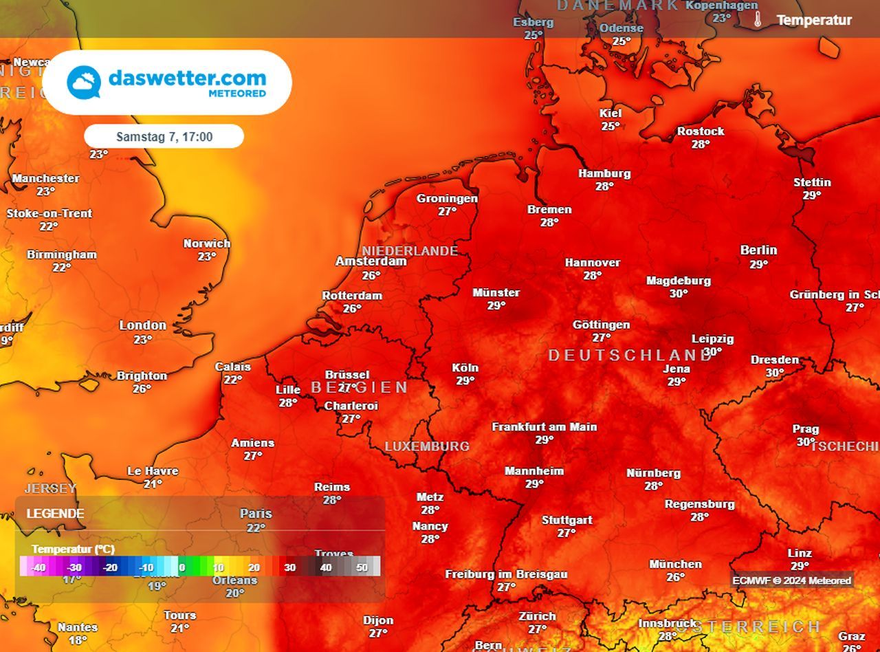 Mitten im September: Die Meteored-Wetterkarten zeigen Dauersommer bis nächste Woche. Sonniges ...