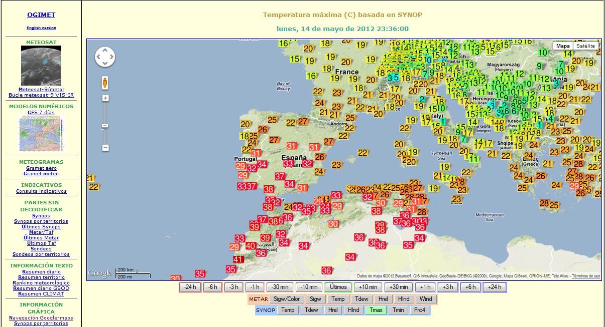 Ogimet navega con Google Map: datos de synops y metars de todo el mundo